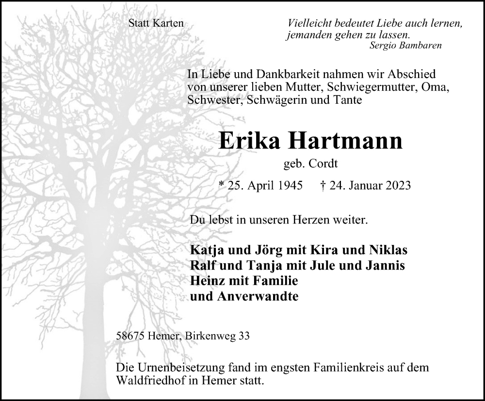 Traueranzeigen von Erika Hartmann | Trauer-in-NRW.de