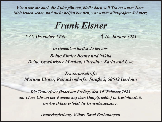 Traueranzeigen von Frank Elsner | Trauer-in-NRW.de