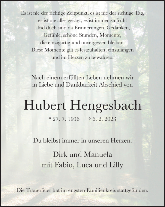 Traueranzeigen von Hubert Hengesbach | Trauer-in-NRW.de