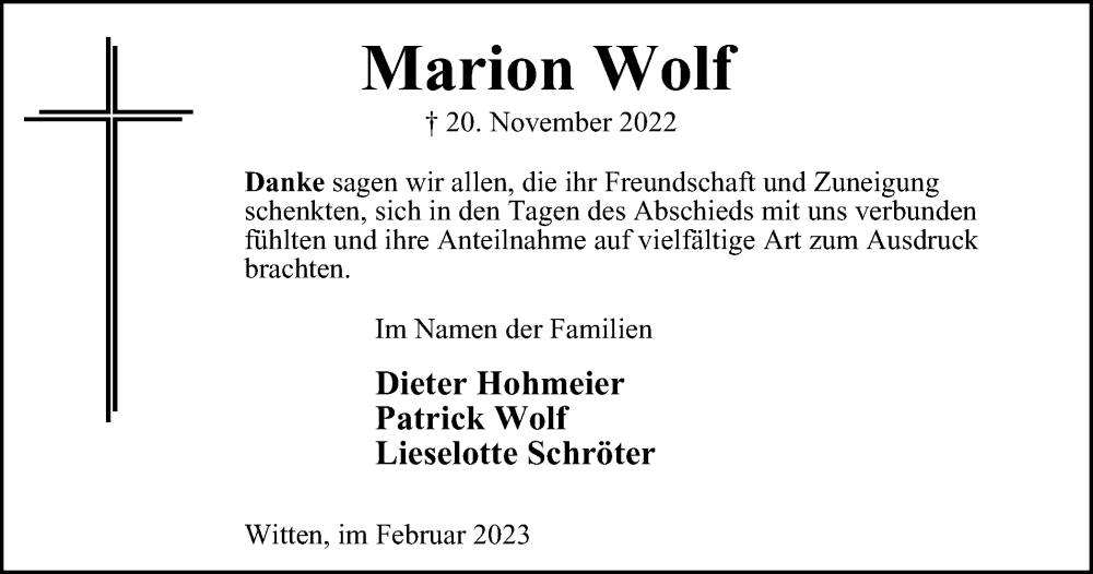 Traueranzeigen von Marion Wolf | Trauer-in-NRW.de