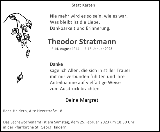 Traueranzeigen von Theodor Stratmann | Trauer-in-NRW.de
