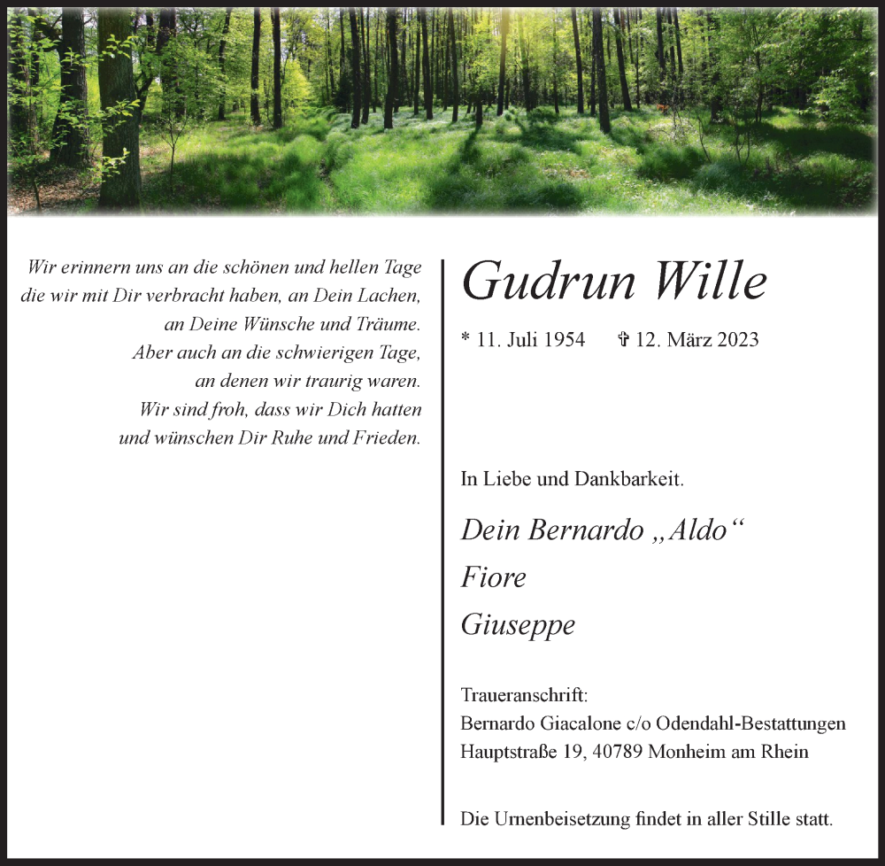 Traueranzeigen von Gudrun Wille | Trauer-in-NRW.de