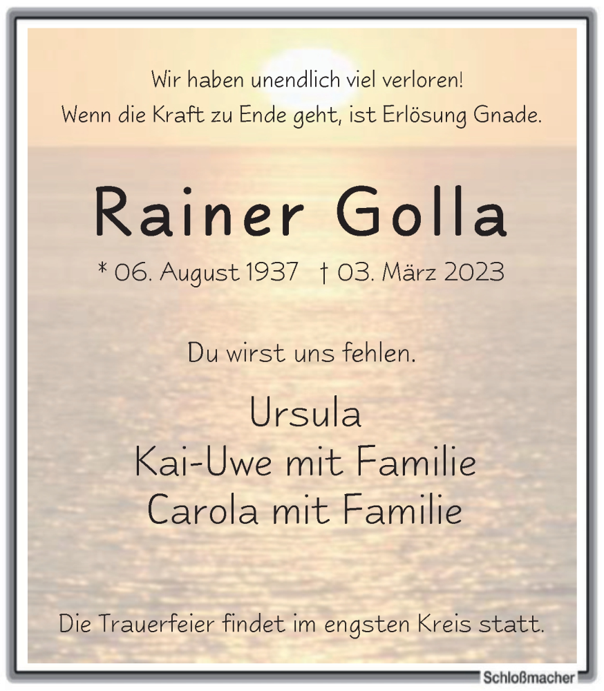 Traueranzeigen von Rainer Golla | Trauer-in-NRW.de