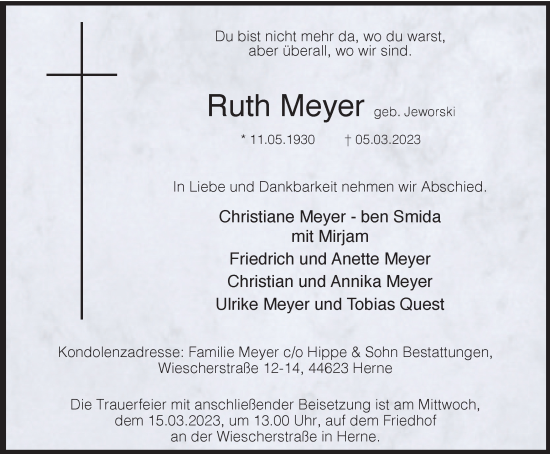 Traueranzeigen von Ruth Meyer | Trauer-in-NRW.de