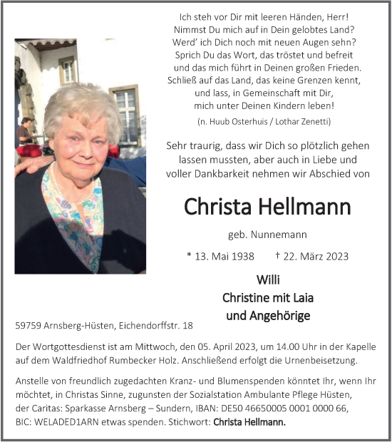 Traueranzeigen von Christa Hellmann | Trauer-in-NRW.de