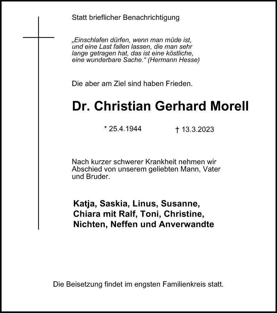 Traueranzeigen von Christian Gerhard Morell | Trauer-in-NRW.de