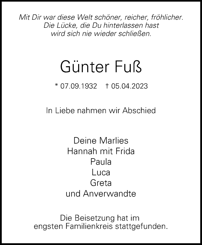 Traueranzeigen von Günter Fuß | Trauer-in-NRW.de