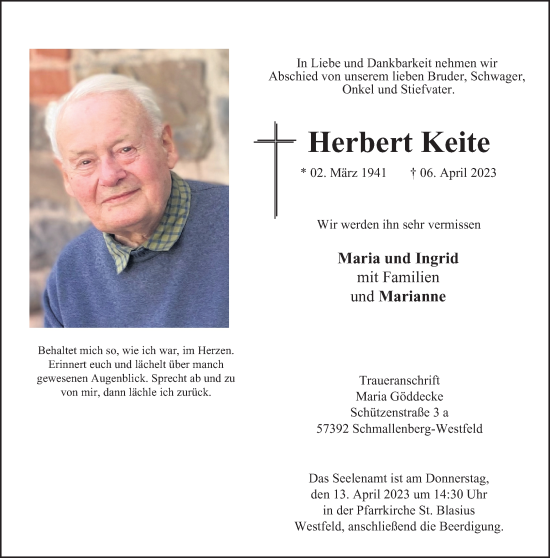 Traueranzeigen von Herbert Keite | Trauer-in-NRW.de