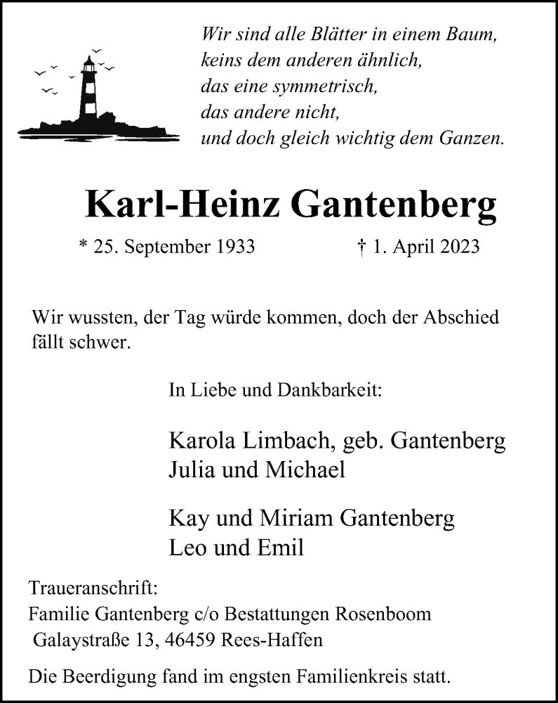 Traueranzeigen von Karl-Heinz Gantenberg | Trauer-in-NRW.de
