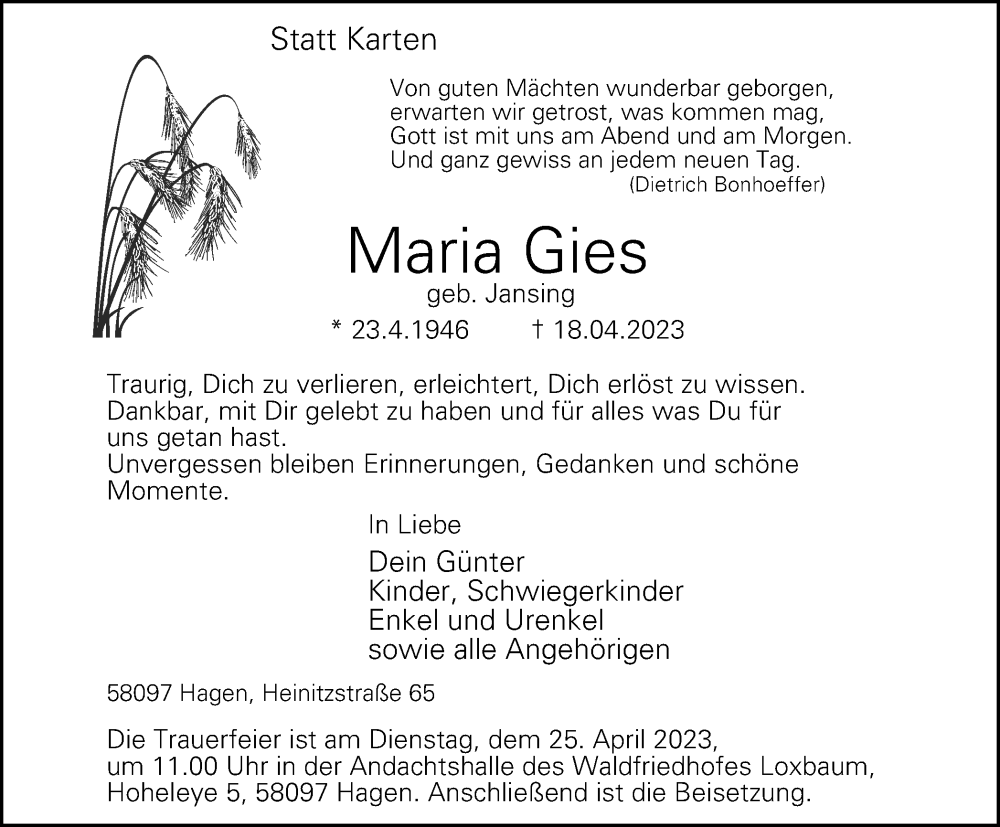 Traueranzeigen von Maria Gies | Trauer-in-NRW.de