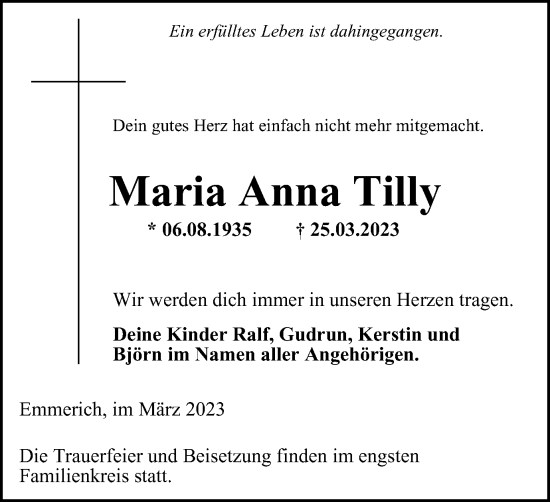 Traueranzeigen von Maria Anna Tilly | Trauer-in-NRW.de