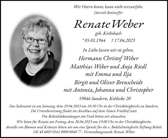 Traueranzeigen von Renate Weber | Trauer-in-NRW.de