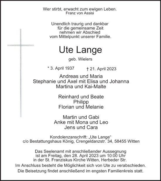 Traueranzeigen von Ute Lange | Trauer-in-NRW.de