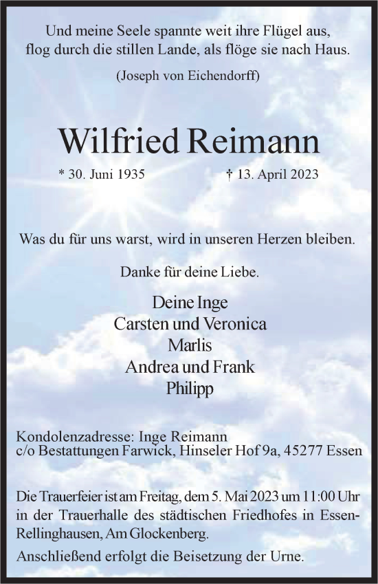 Traueranzeigen von Wilfried Reimann | Trauer-in-NRW.de
