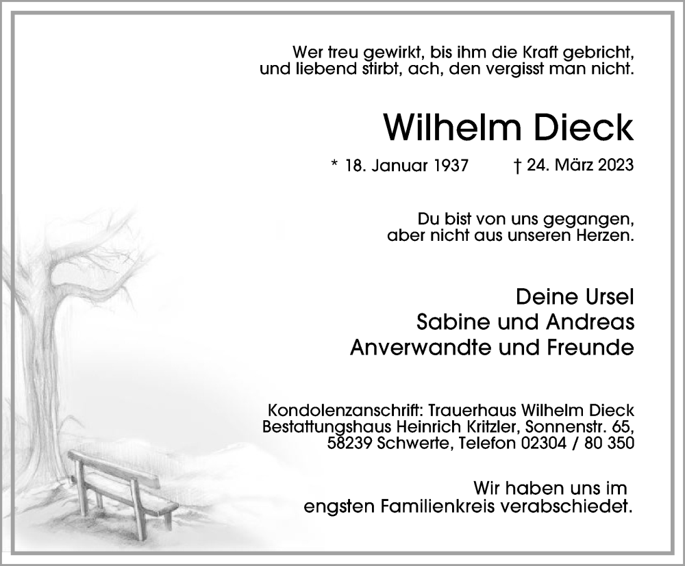 Traueranzeigen von Wilhelm Dieck | Trauer-in-NRW.de