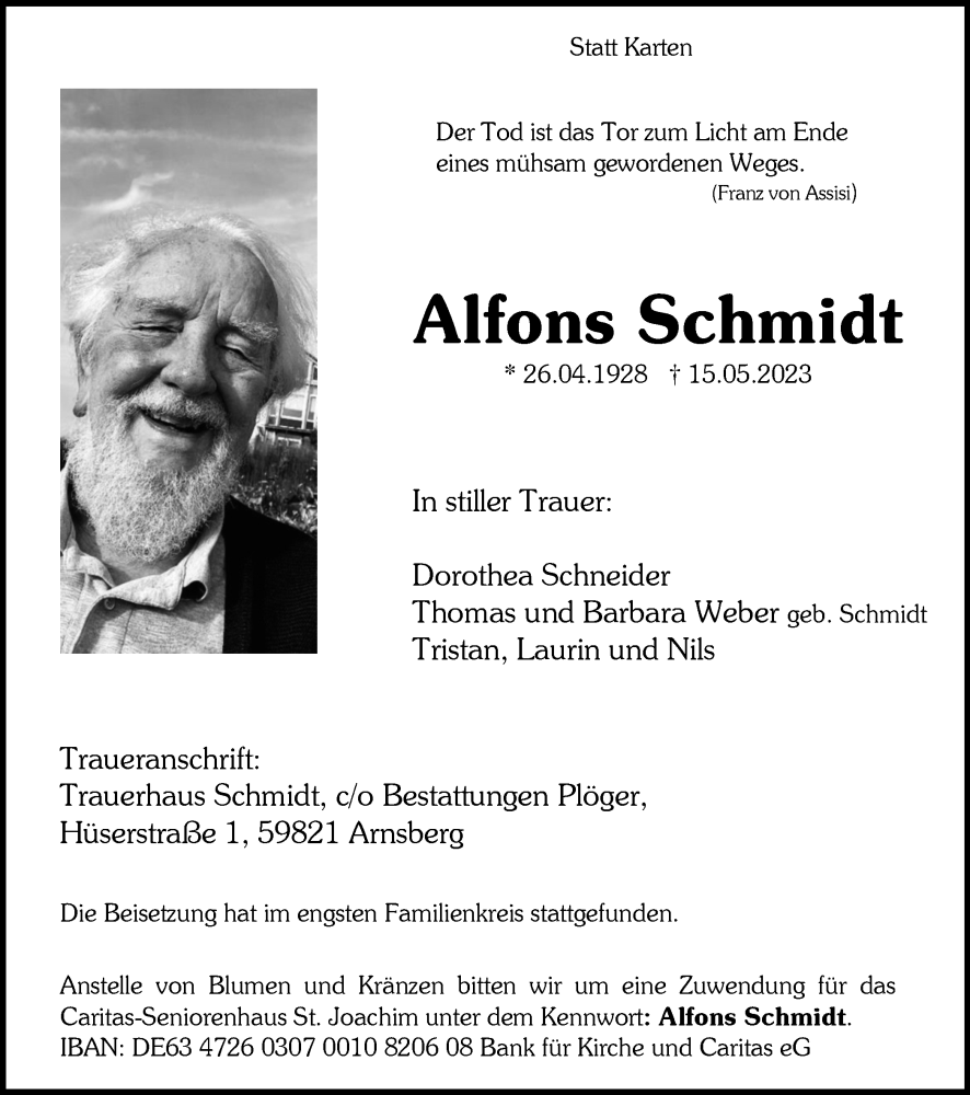 Traueranzeigen von Alfons Schmidt | Trauer-in-NRW.de
