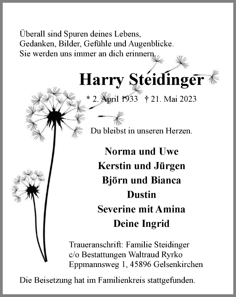Traueranzeigen von Harry Steidinger | Trauer-in-NRW.de