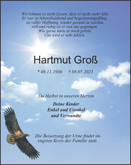 Traueranzeigen von Hartmut Groß | Trauer-in-NRW.de