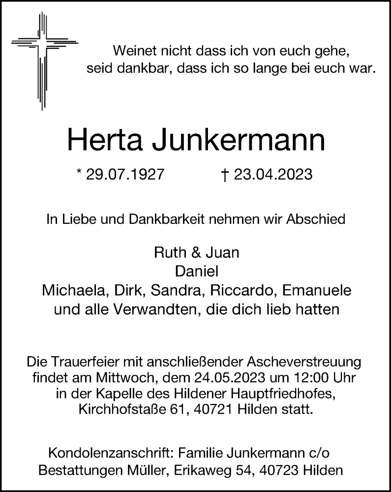 Traueranzeigen von Herta Junkermann | Trauer-in-NRW.de
