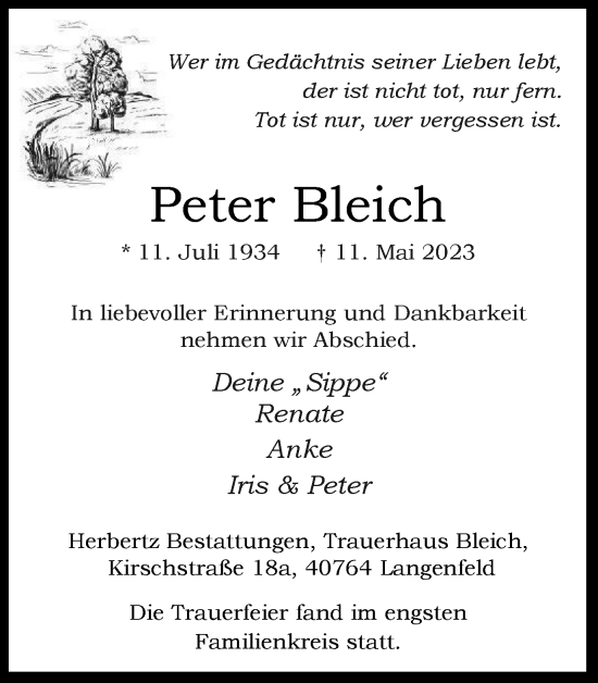 Traueranzeigen von Peter Bleich | Trauer-in-NRW.de