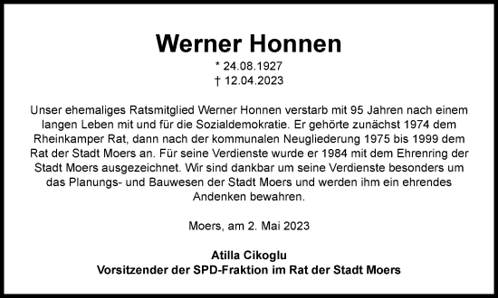 Traueranzeigen von Werner Honnen | Trauer-in-NRW.de