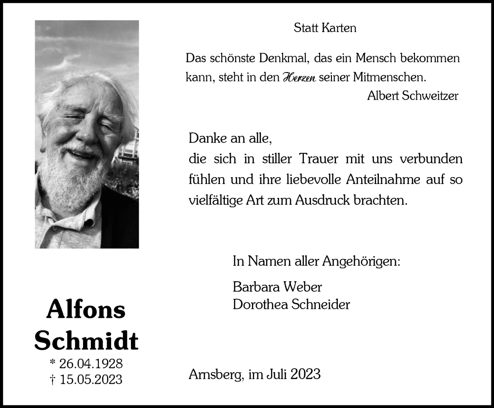 Traueranzeigen von Alfons Schmidt | Trauer-in-NRW.de