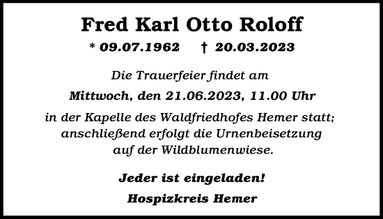 Traueranzeigen von Fred Karl Otto Roloff | Trauer-in-NRW.de