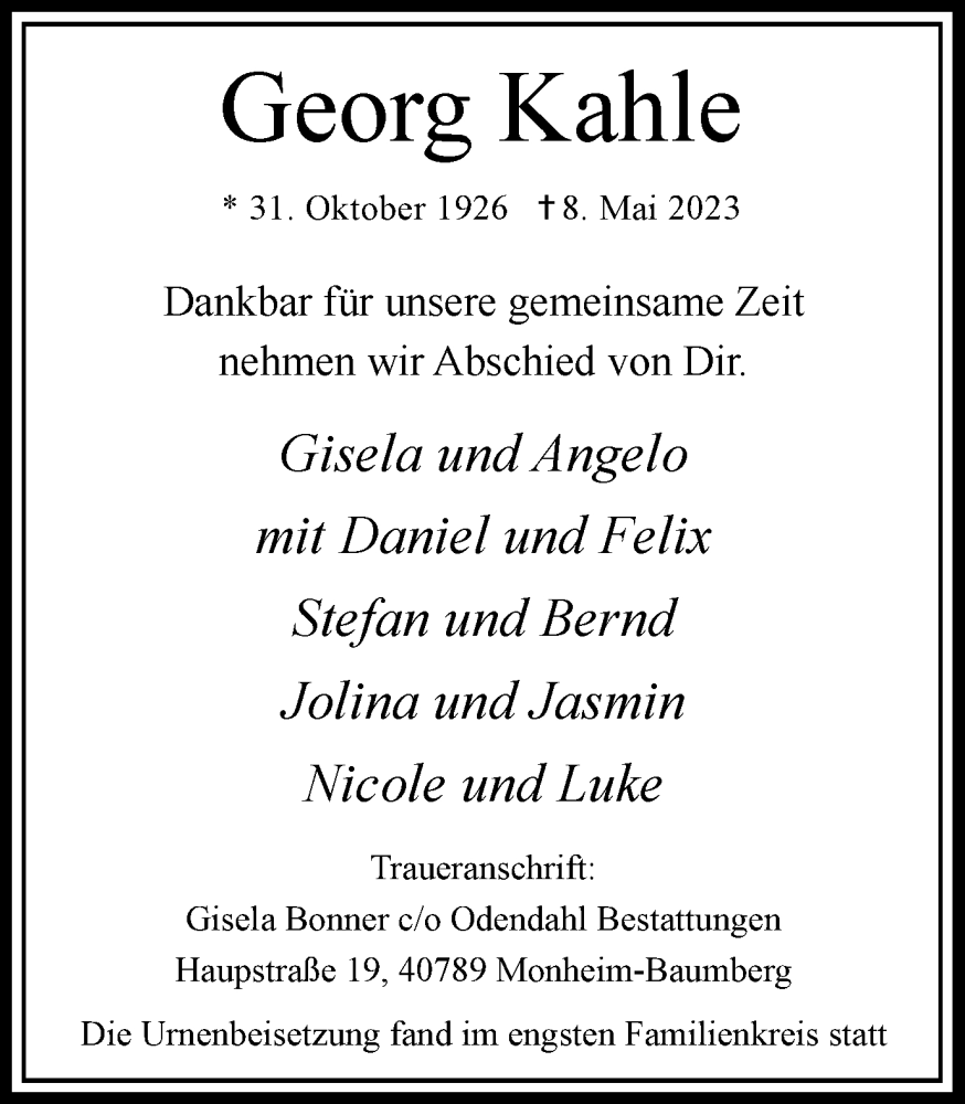 Traueranzeigen von Georg Kahle | Trauer-in-NRW.de