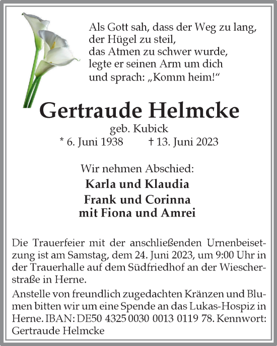 Traueranzeigen von Gertraude Helmcke | Trauer-in-NRW.de