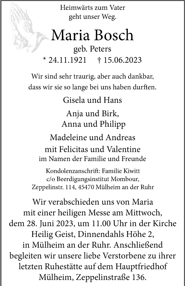 Traueranzeigen von Maria Bosch | Trauer-in-NRW.de
