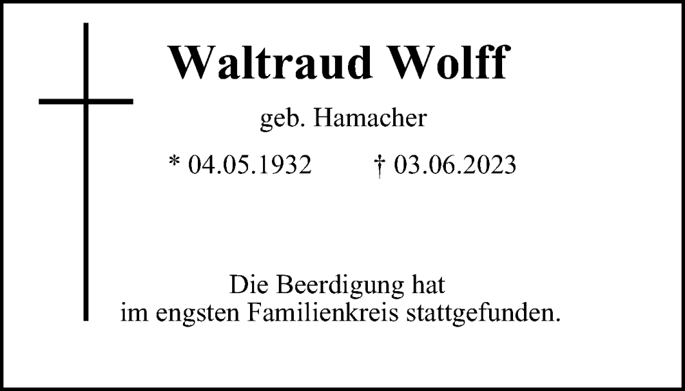Traueranzeigen von Waltraud Wolff | Trauer-in-NRW.de