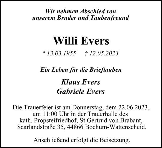 Traueranzeigen von Willi Evers | Trauer-in-NRW.de