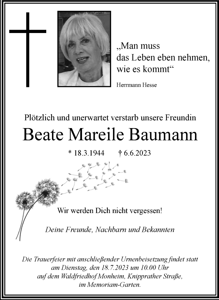 Traueranzeigen von Beate Mareile Baumann | Trauer-in-NRW.de
