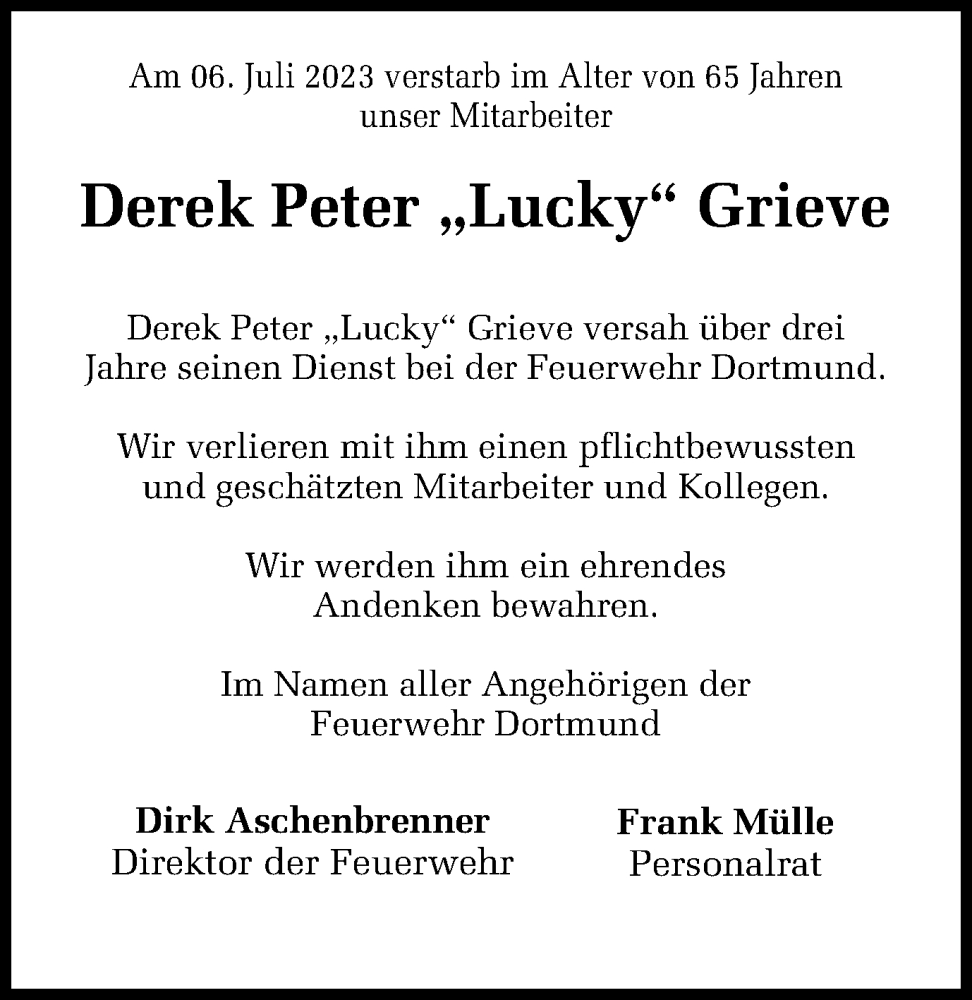 Traueranzeigen von Derek Peter Grieve | Trauer-in-NRW.de
