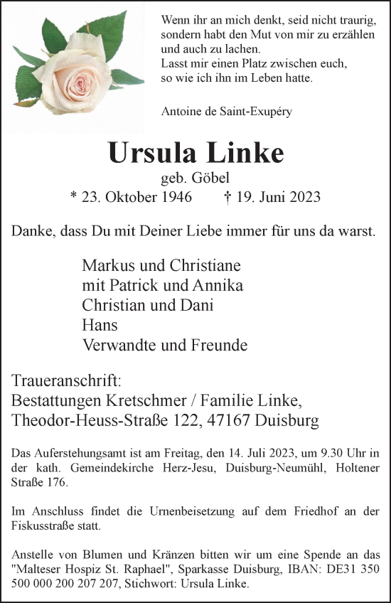 Traueranzeigen von Ursula Linke | Trauer-in-NRW.de
