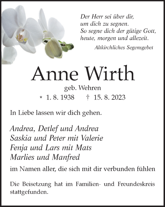 Traueranzeigen von Anne Wirth | Trauer-in-NRW.de