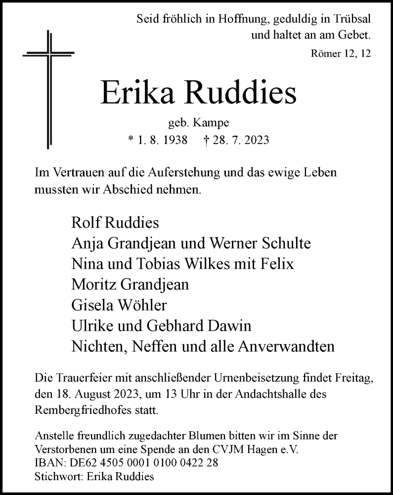 Traueranzeigen von Erika Ruddies | Trauer-in-NRW.de