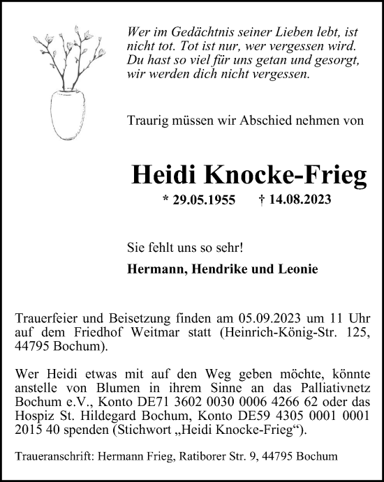 Traueranzeigen von Heidi Knocke-Frieg | Trauer-in-NRW.de