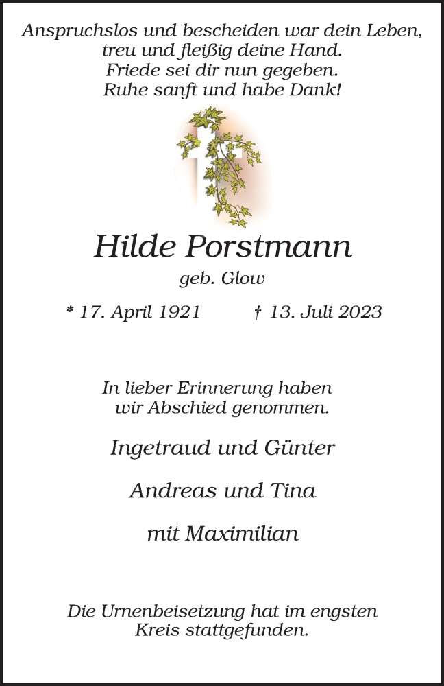 Traueranzeigen von Hilde Porstmann | Trauer-in-NRW.de Traueranzeigen von Hilde Porstmann | Trauer-in-NRW.de