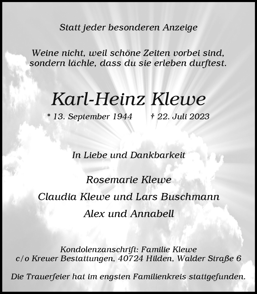 Traueranzeigen von Karl-Heinz Klewe | Trauer-in-NRW.de