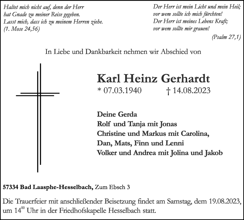 Traueranzeigen von Karl Heinz Gerhardt | Trauer-in-NRW.de