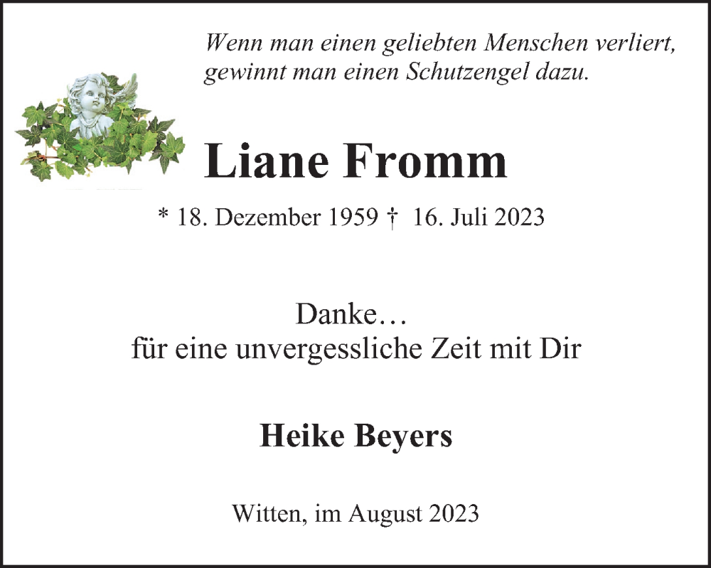 Traueranzeigen von Liane Fromm | Trauer-in-NRW.de