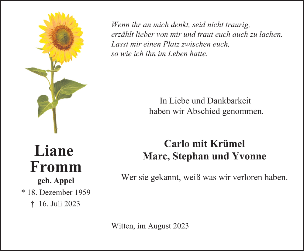 Traueranzeigen von Liane Fromm | Trauer-in-NRW.de