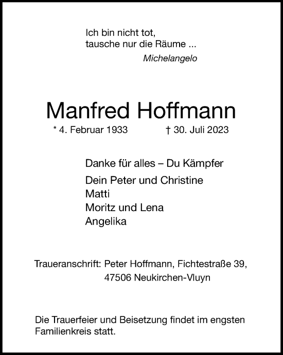 Traueranzeigen von Manfred Hoffmann | Trauer-in-NRW.de