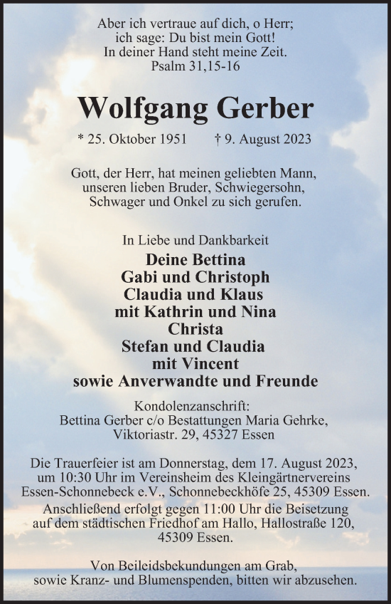 Traueranzeigen von Wolfgang Gerber | Trauer-in-NRW.de