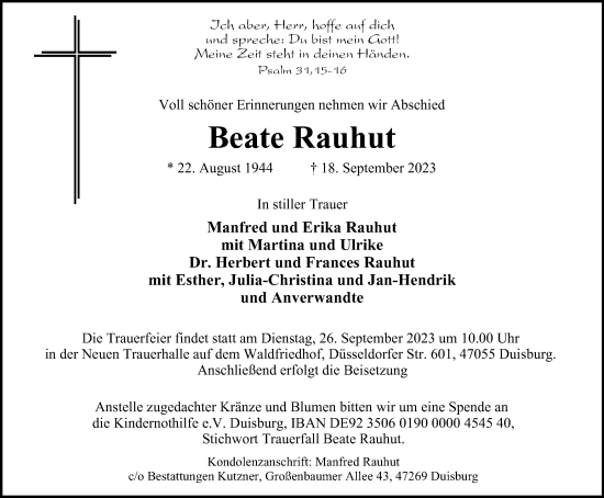 Traueranzeigen von Beate Rauhut | Trauer-in-NRW.de