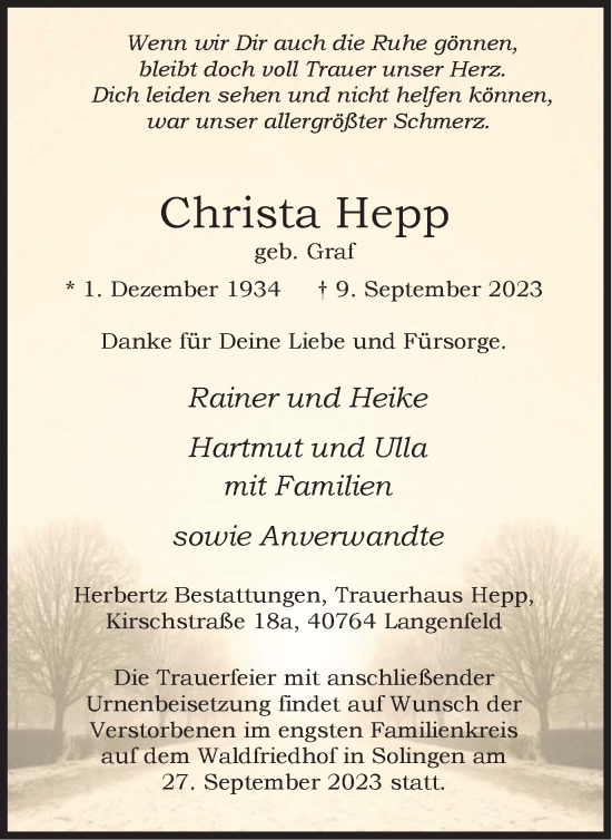 Traueranzeigen von Christa Hepp | Trauer-in-NRW.de