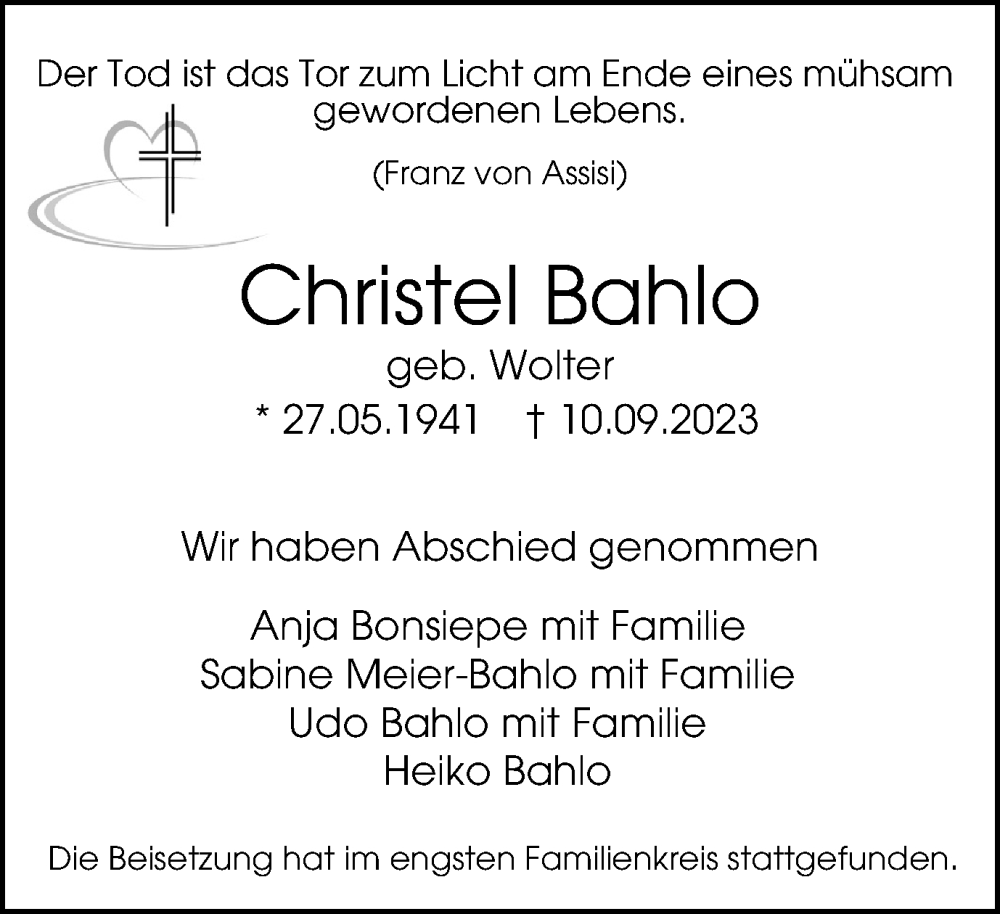 Traueranzeigen von Christel Bahlo | Trauer-in-NRW.de