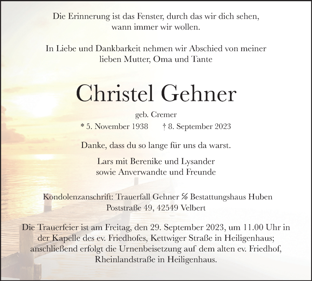 Traueranzeigen von Christel Gehner | Trauer-in-NRW.de