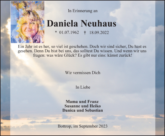 Traueranzeigen von Daniela Neuhaus | Trauer-in-NRW.de